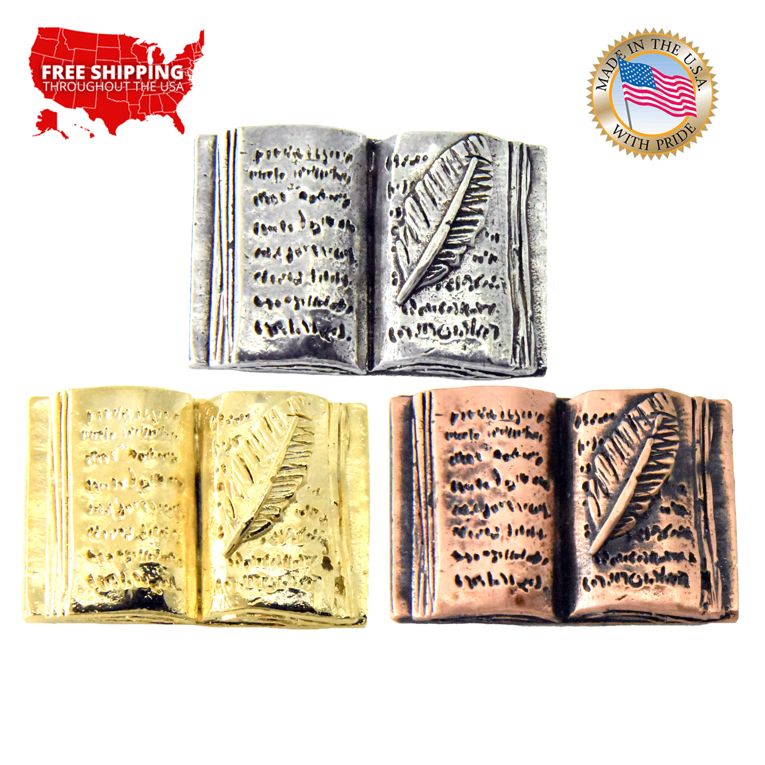 Book and Quill Pin, Pewter, G013, 1 1/4”, 100% Handmade in USA, Book ...